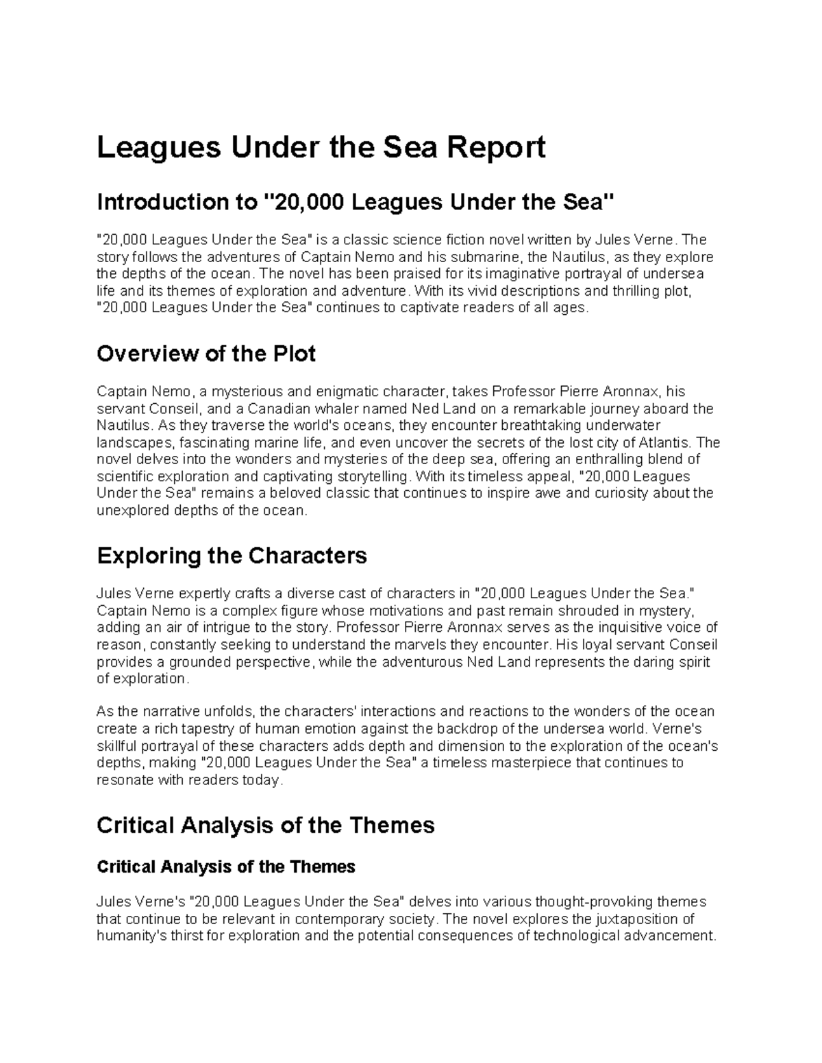 Leagues Under the Sea Report - Leagues Under the Sea Report ...