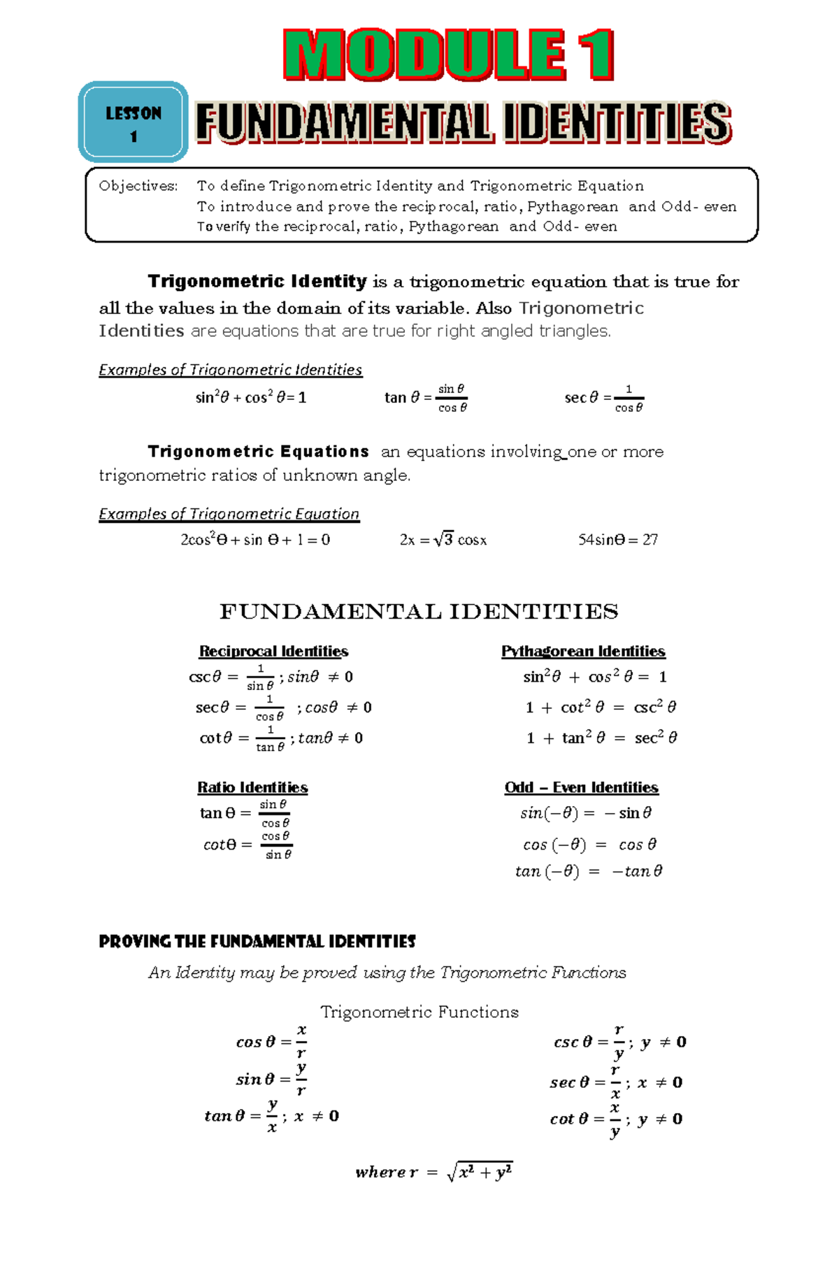Module-2nd-Quarter Trigonometry - Trigonometric Identity is a ...