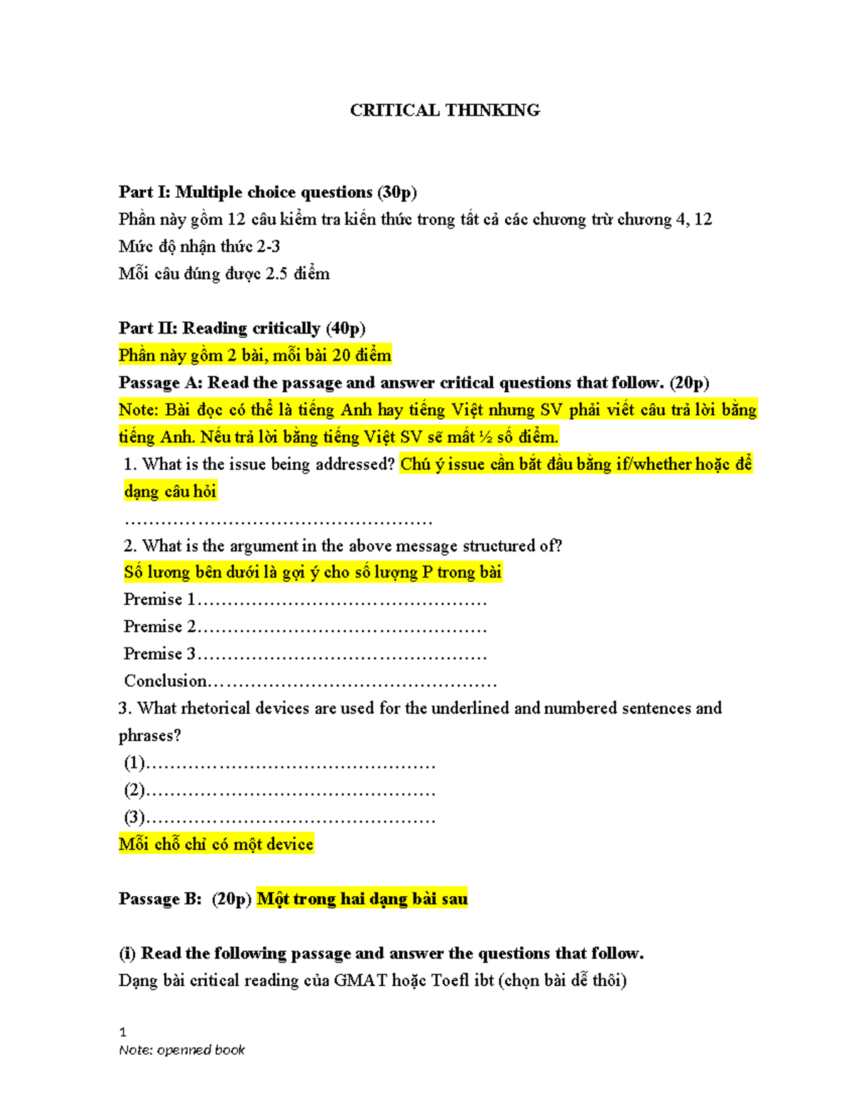 Mẫu đề thi CLC - rẻyeiheihje - CRITICAL THINKING Part I: Multiple ...