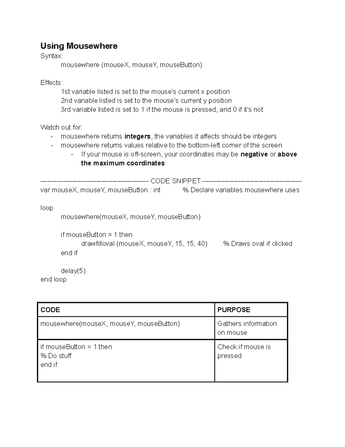 Wandlore - Mouse Commands - Using Mousewhere Syntax: mousewhere (mouseX ...