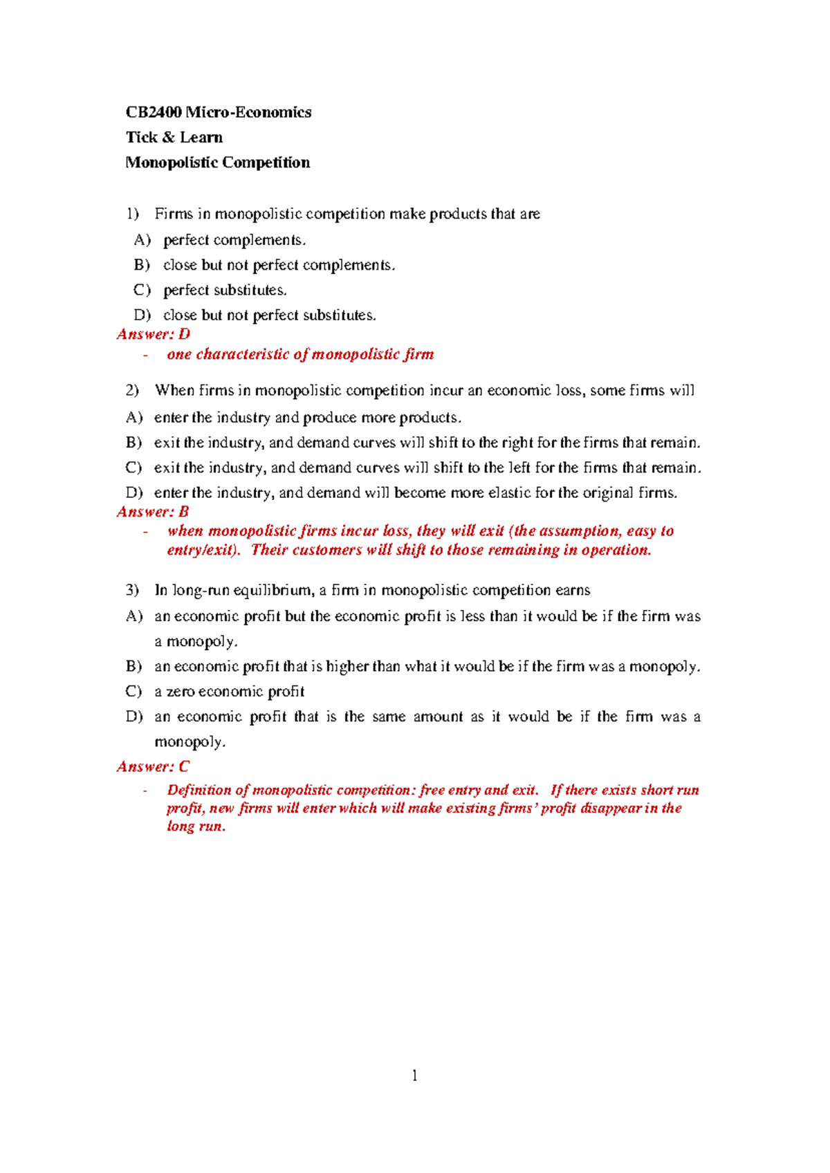 CB2400 Tick Learn Monopolistic Competition - 1 CB2400 Micro-Economics Tick & Learn Monopolistic ...