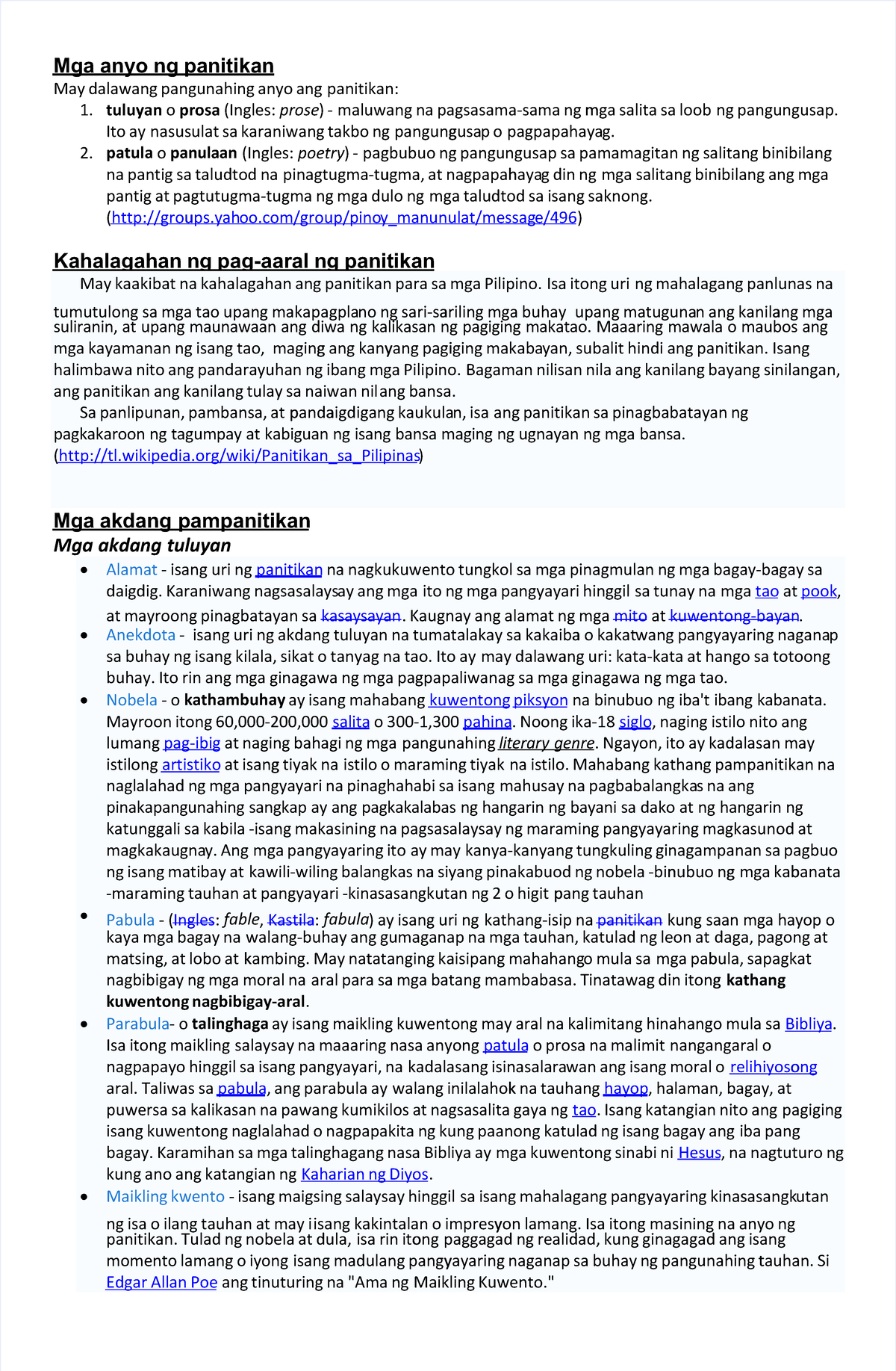 Anyo ng Panitikan - Pagtururo sa Filipino - Mga anyo ng panitikanMga ...