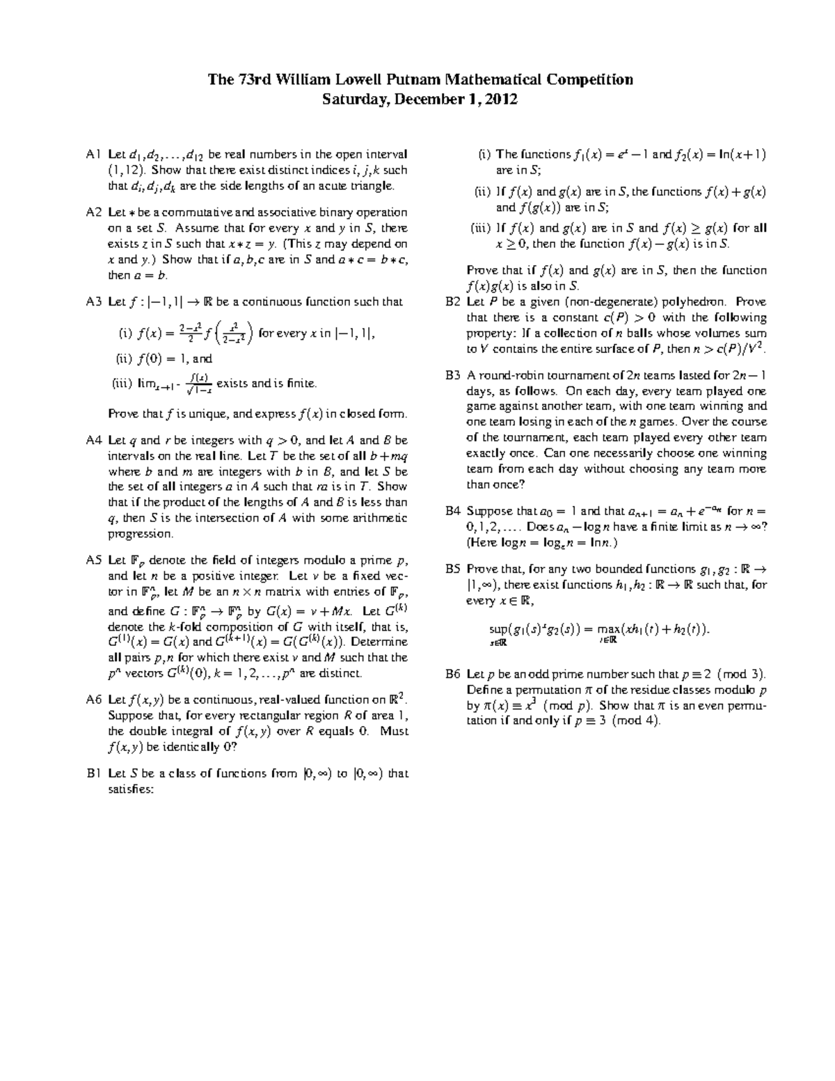 Putnam 2012 Problems - Aacha - The 73rd William Lowell Putnam ...