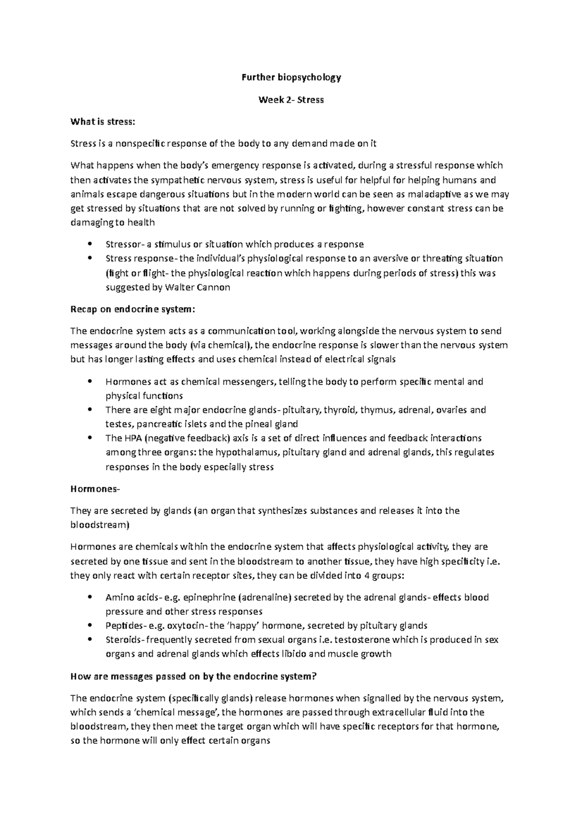 Stress Notes Further Biopsychology Week 2 Stress What Is Stress