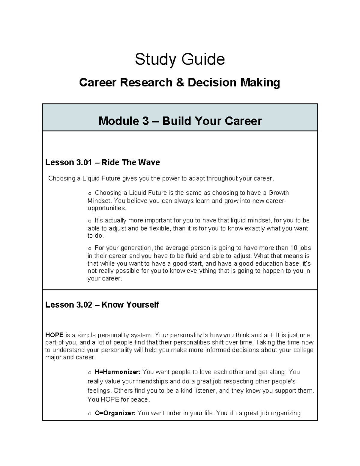 DBA Module 3 & 4 Study Guide Career Research and Decision Making ...