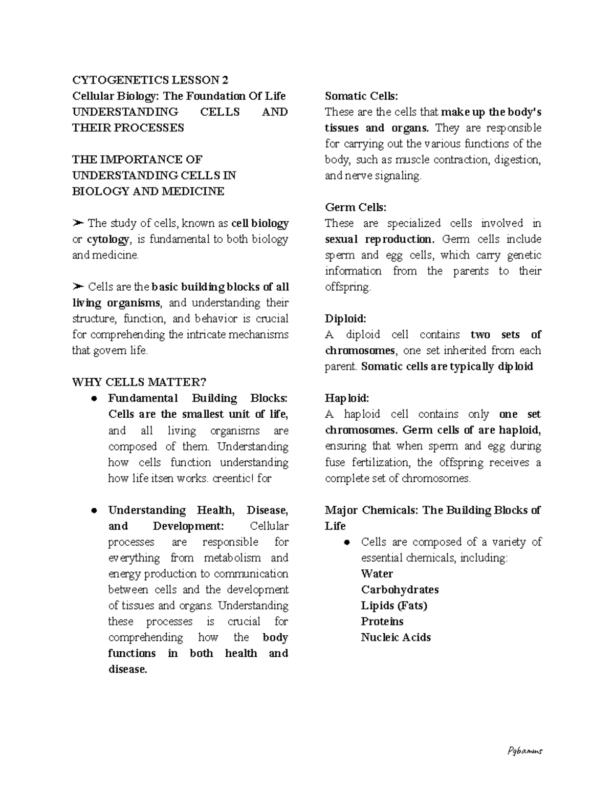 Cytogenetics- Lesson-2 - CYTOGENETICS LESSON 2 Cellular Biology: The ...