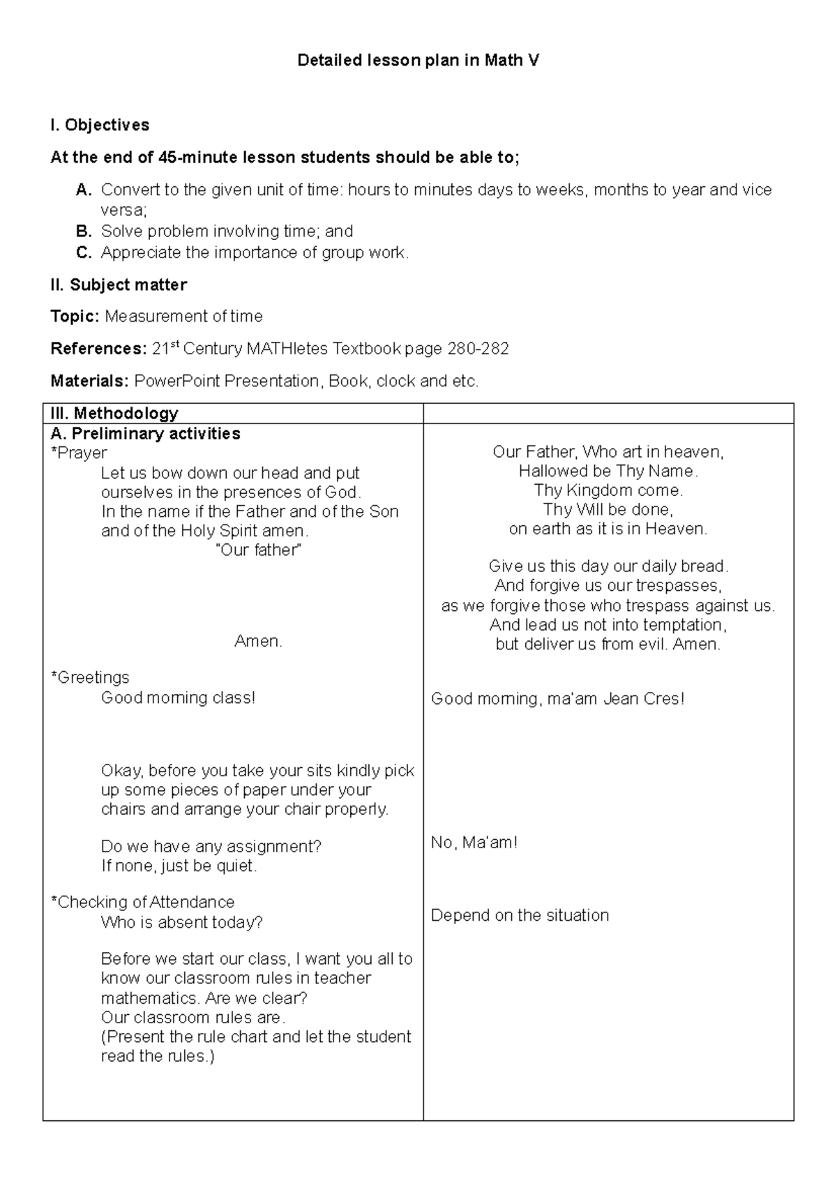Detailed lesson plan in Math V - Objectives At the end of 45-minute ...