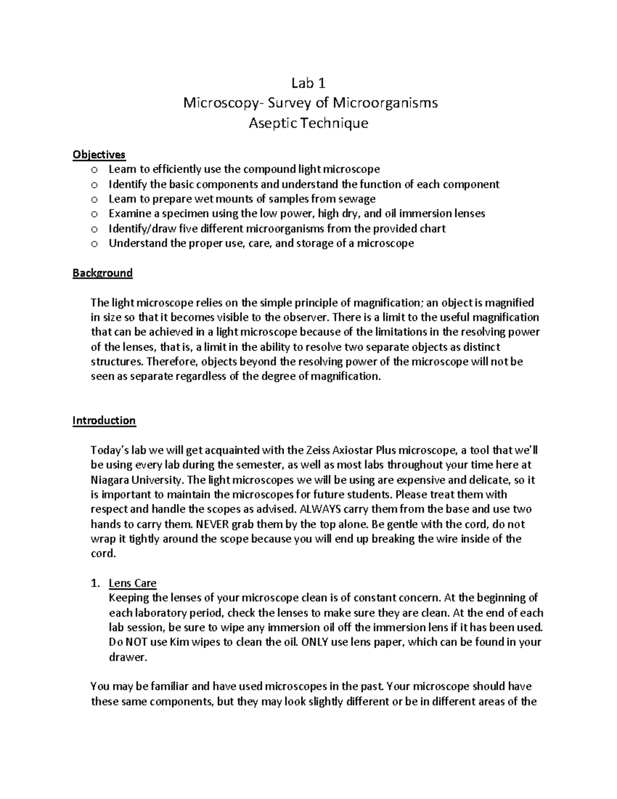 Lab 1 Microscopy- Survey of Microorganisms - Lab 1 Microscopy- Survey of Microorganisms Aseptic ...