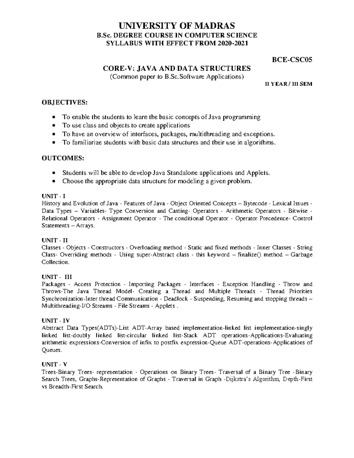BCE-CSC05 - SYLLABUS - UNIVERSITY OF MADRAS B. DEGREE COURSE IN ...