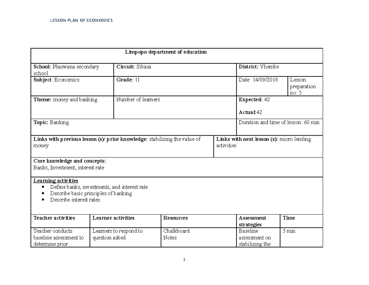 Lesson plan 5 - LESSON PLAN OF ECONOMICS Limpopo department of ...