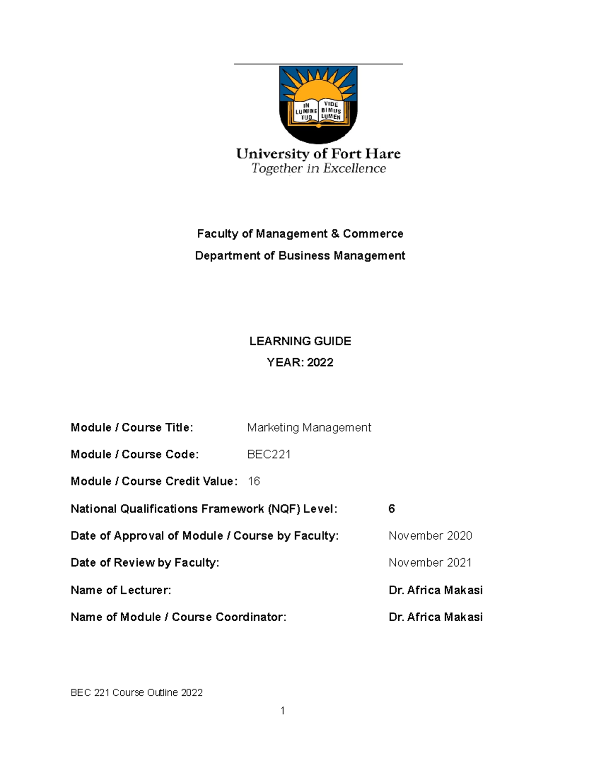 Learner Guide BEC 221 2022 - Faculty of Management & Commerce ...