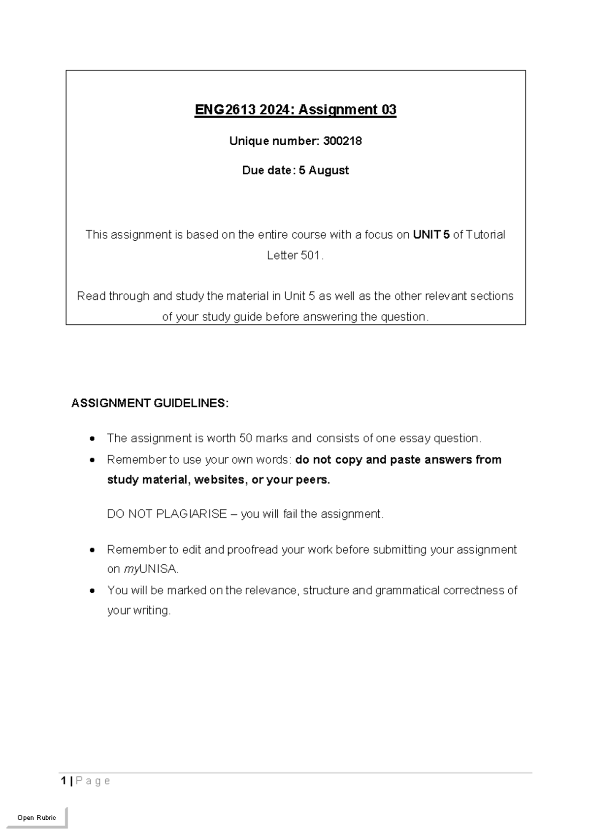 ENG2613 Assignment 03 2024 - 1 | P a g e ASSIGNMENT GUIDELINES: The assignment is worth 50 marks ...