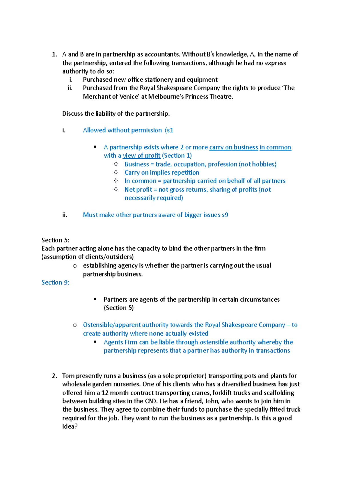 BUSL251 Tutorial Questions 4 - 1. A and B are in partnership as ...