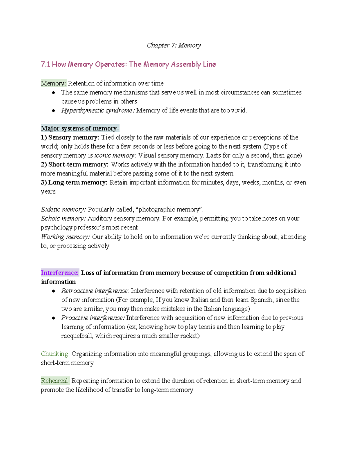 Psych 1150 Chapter 7 - Chapter 7: Memory 7 How Memory Operates: The ...