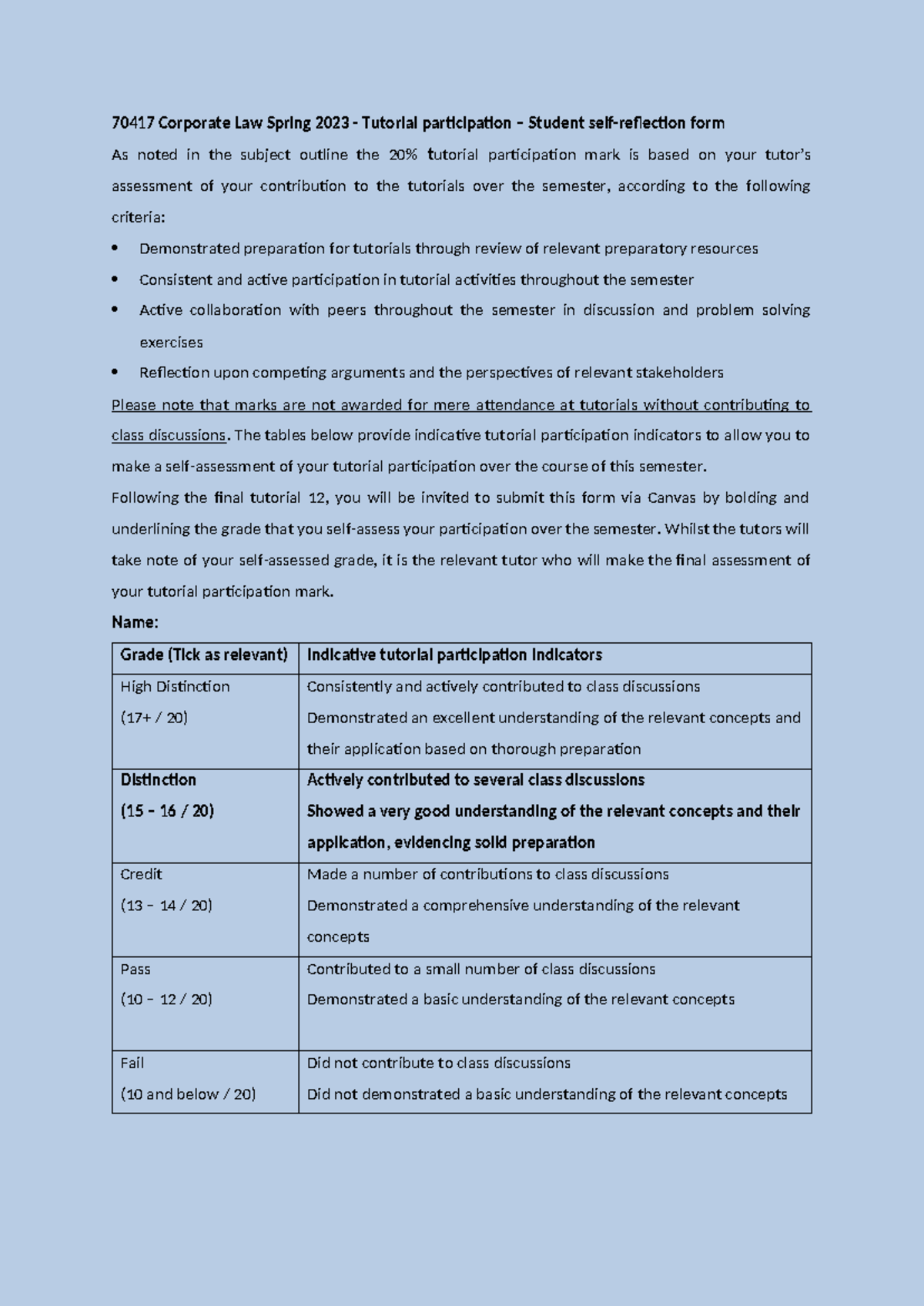 70417 Corporate Law Spring 2023 - Tutorial participation – Student self ...