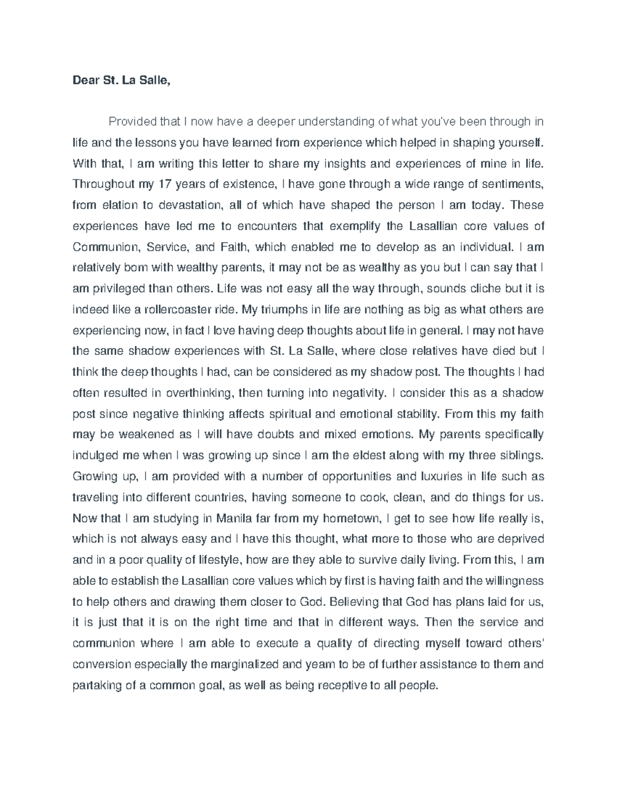 Lamp post essay - Letter to St. Lasalle and to self - Dear St. La Salle ...