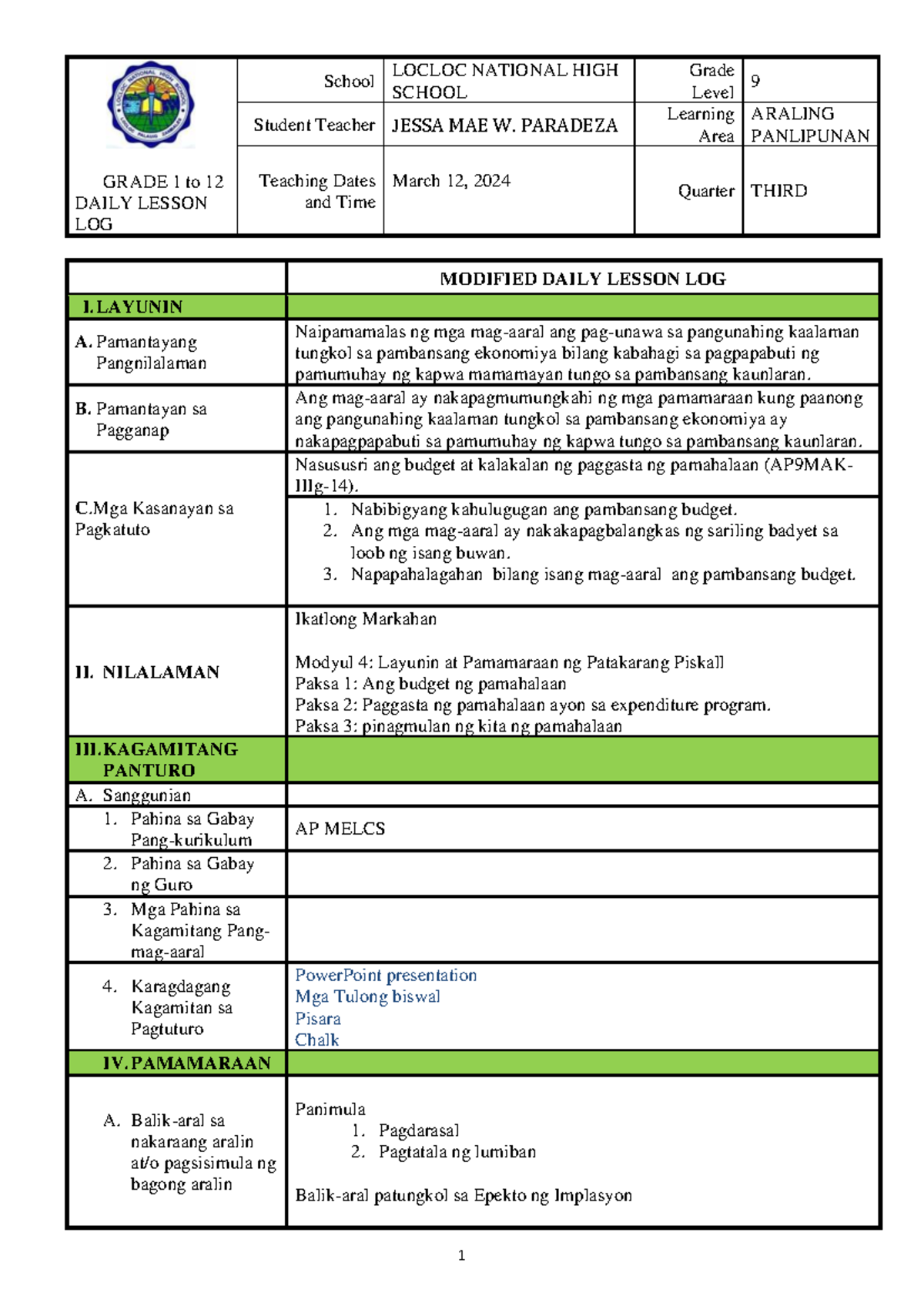 LP G9 8 para bukas - Daily Lesson Log - GRADE 1 to 12 DAILY LESSON LOG School LOCLOC NATIONAL ...