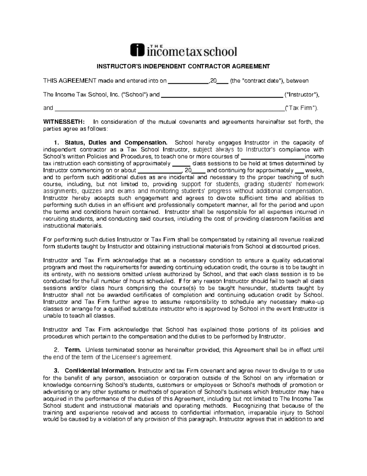 ITS Contract Instructor Agreement - INSTRUCTOR'S INDEPENDENT CONTRACTOR ...