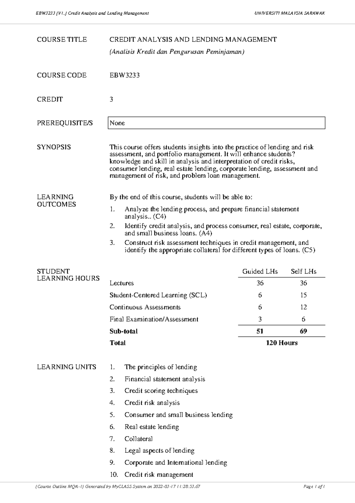 EBW 3233 Course Outline - COURSE TITLE CREDIT ANALYSIS AND LENDING ...