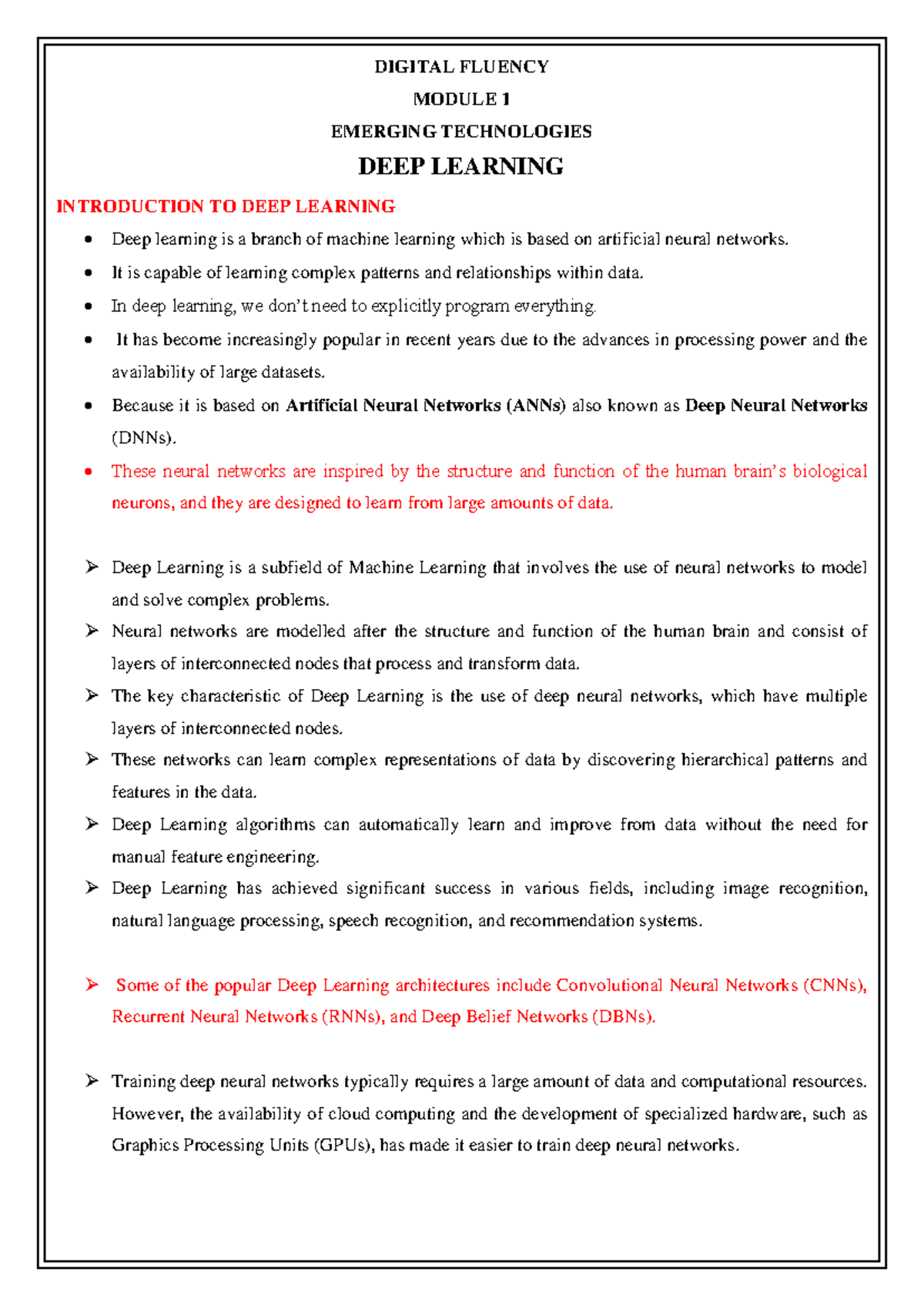 DEEP Learning - DIGITAL FLUENCY MODULE 1 EMERGING TECHNOLOGIES DEEP LEARNING INTRODUCTION TO ...