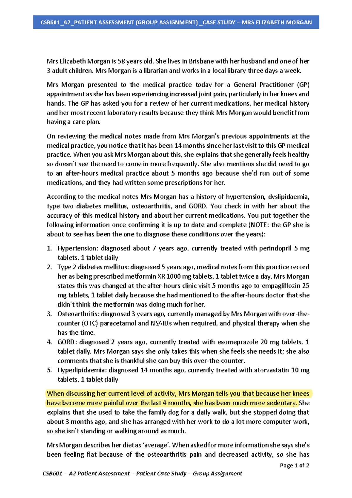 CSB601 Case Study - CSB601_A2_PATIENT ASSESSMENT (GROUP ASSIGNMENT ...