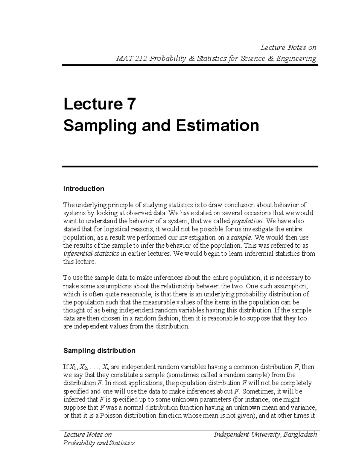 Lecture 07 - ... - Lecture Notes on MAT 212 Probability Statistics for ...