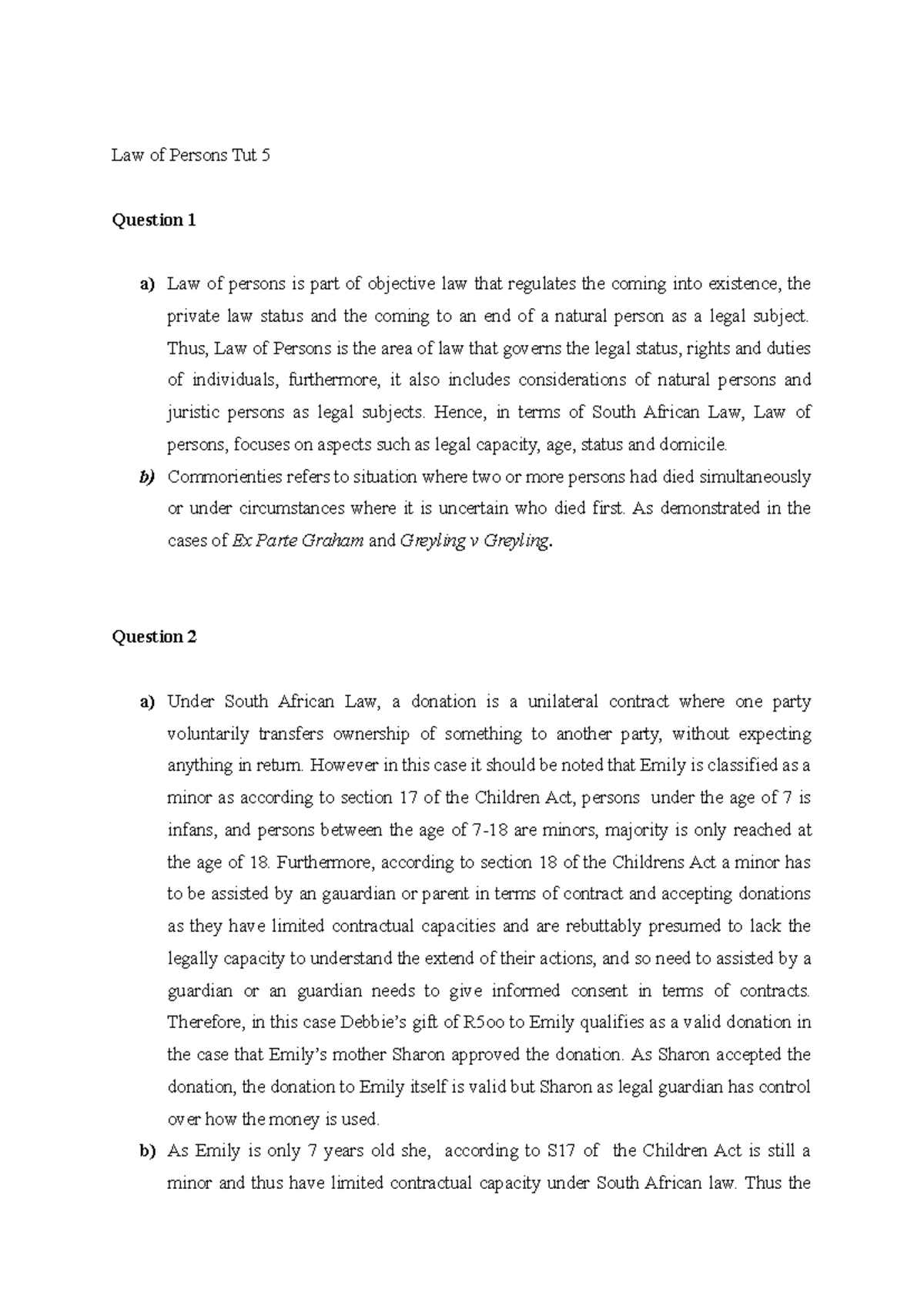 Law of Persons Tut 5 - test practice questions - Law of Persons Tut 5 ...