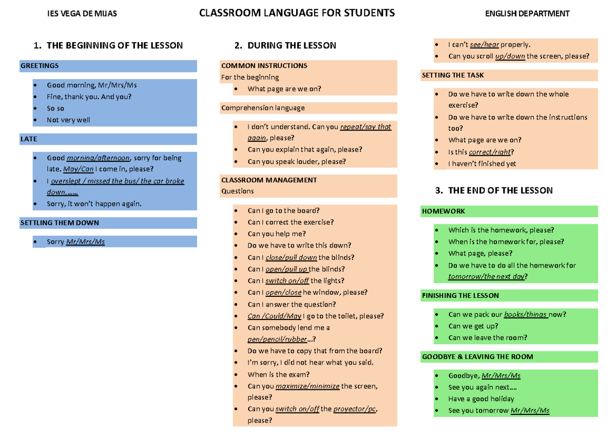 Classroom Language FOR Students - IES VEGA DE MIJAS CLASSROOM LANGUAGE ...