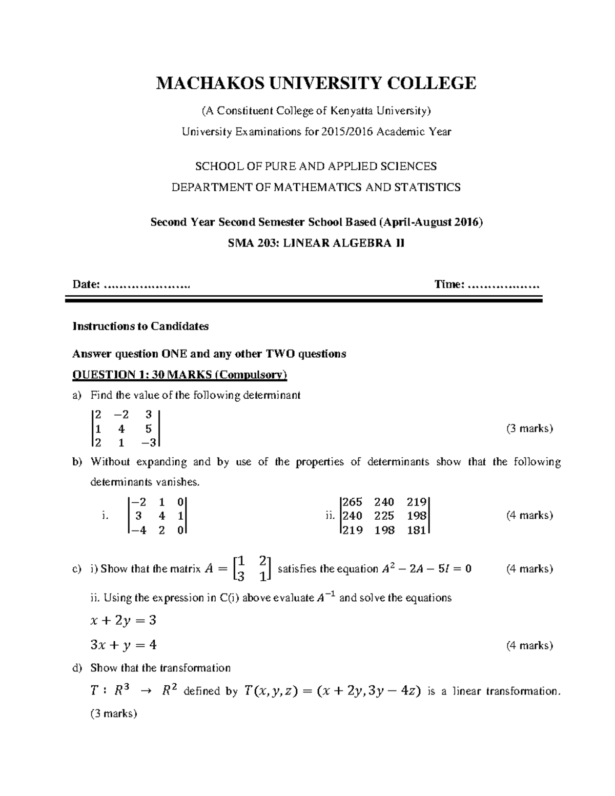 SMA 203- Linear Algebra II School Based - MACHAKOS UNIVERSITY COLLEGE ...