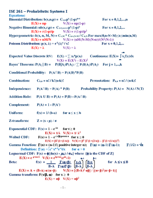 ISE261 Equation Sheet SPR2014 - Equations: Binomial Distribution: b(x,n ...