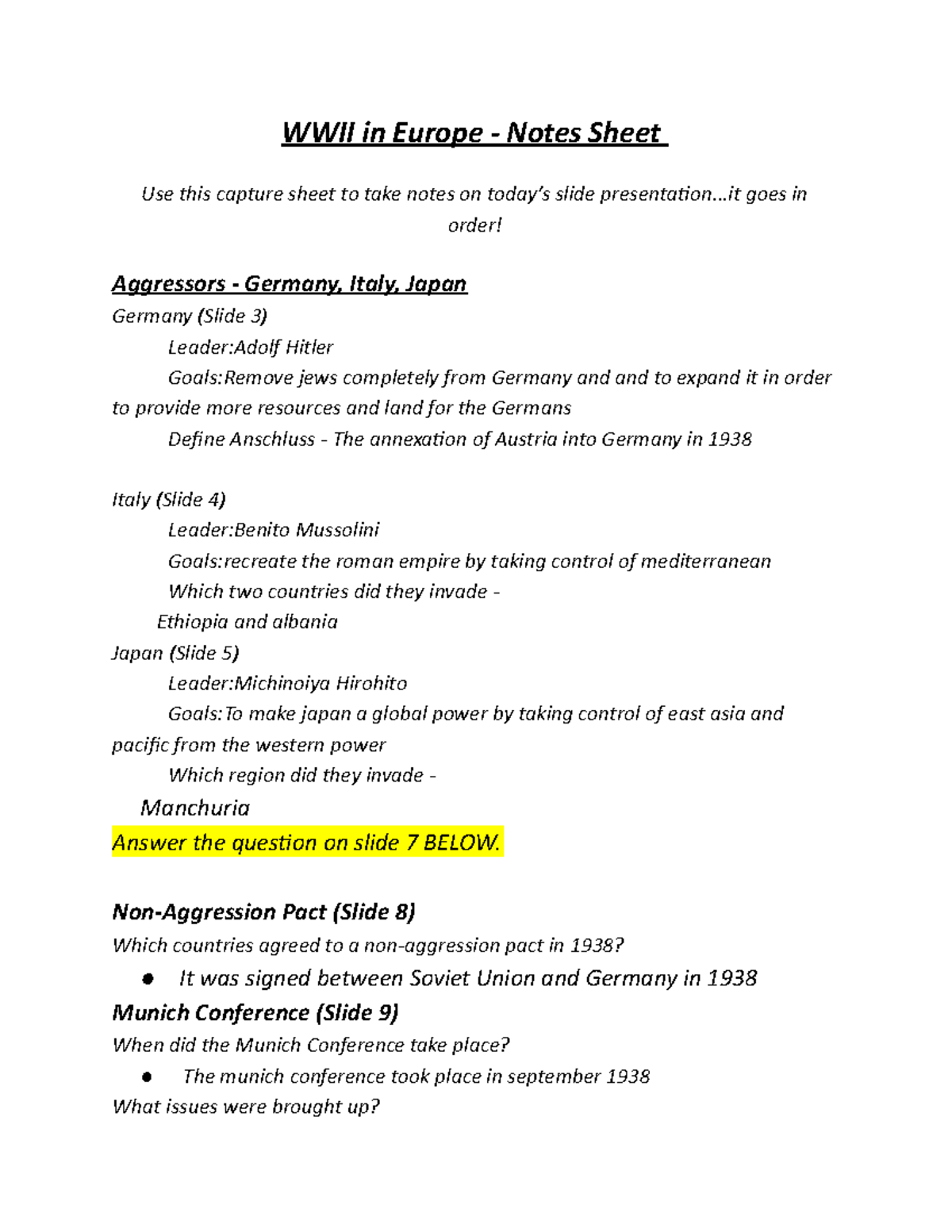 WWII in Europe Notes Sheet - WWII in Europe - Notes Sheet Use this ...