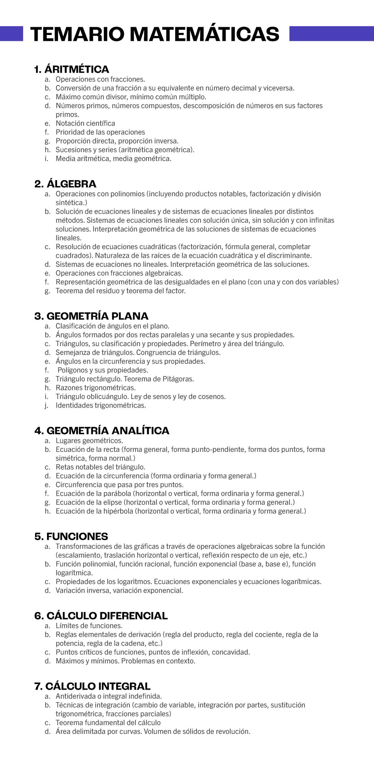 Temario MATE - TEMARIO MATEMÁTICAS . ÁRITMÉTICA a. Operaciones con ...