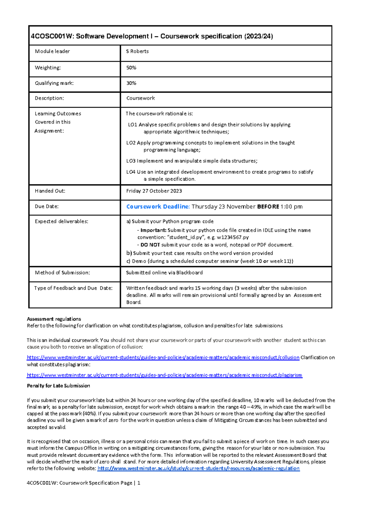 Coursework Specification - Handed Out: Friday 27 October 202 3 Due Date ...