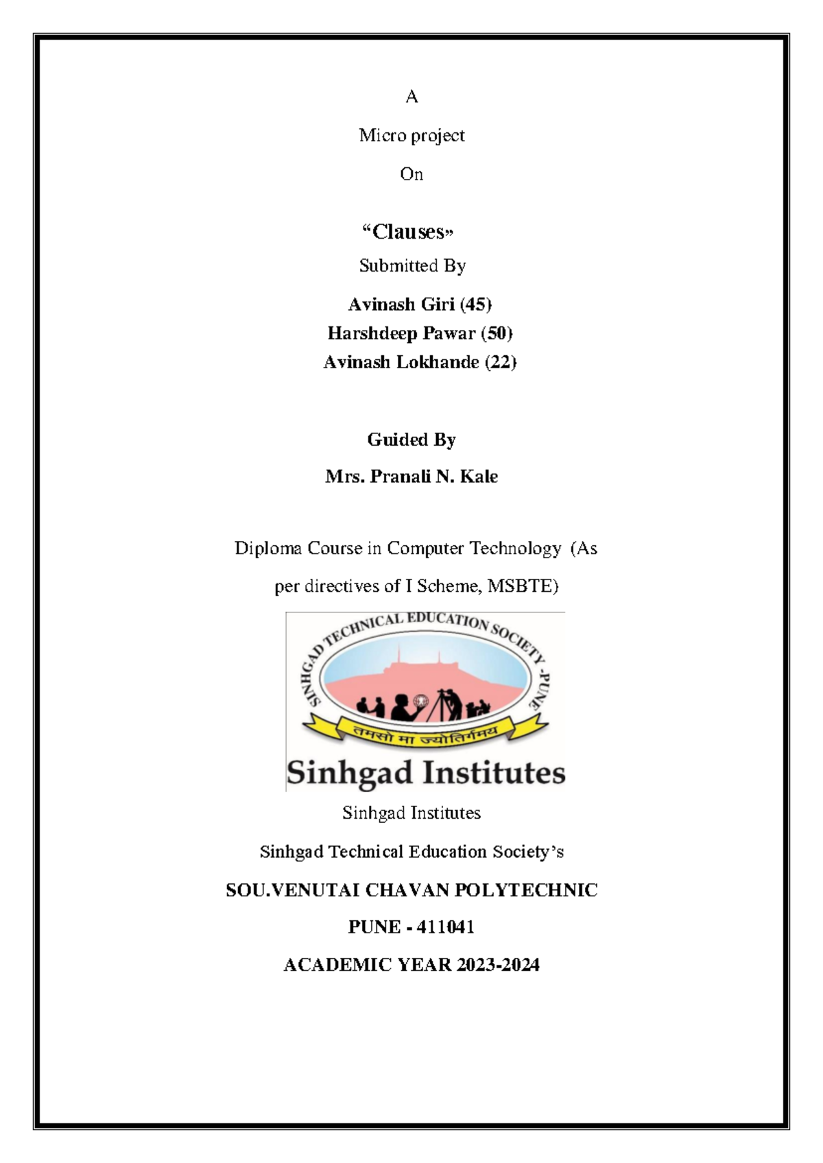 DMS micro project pdf - A Micro project On “Clauses” Submitted By Avinash Giri (45) Harshdeep ...