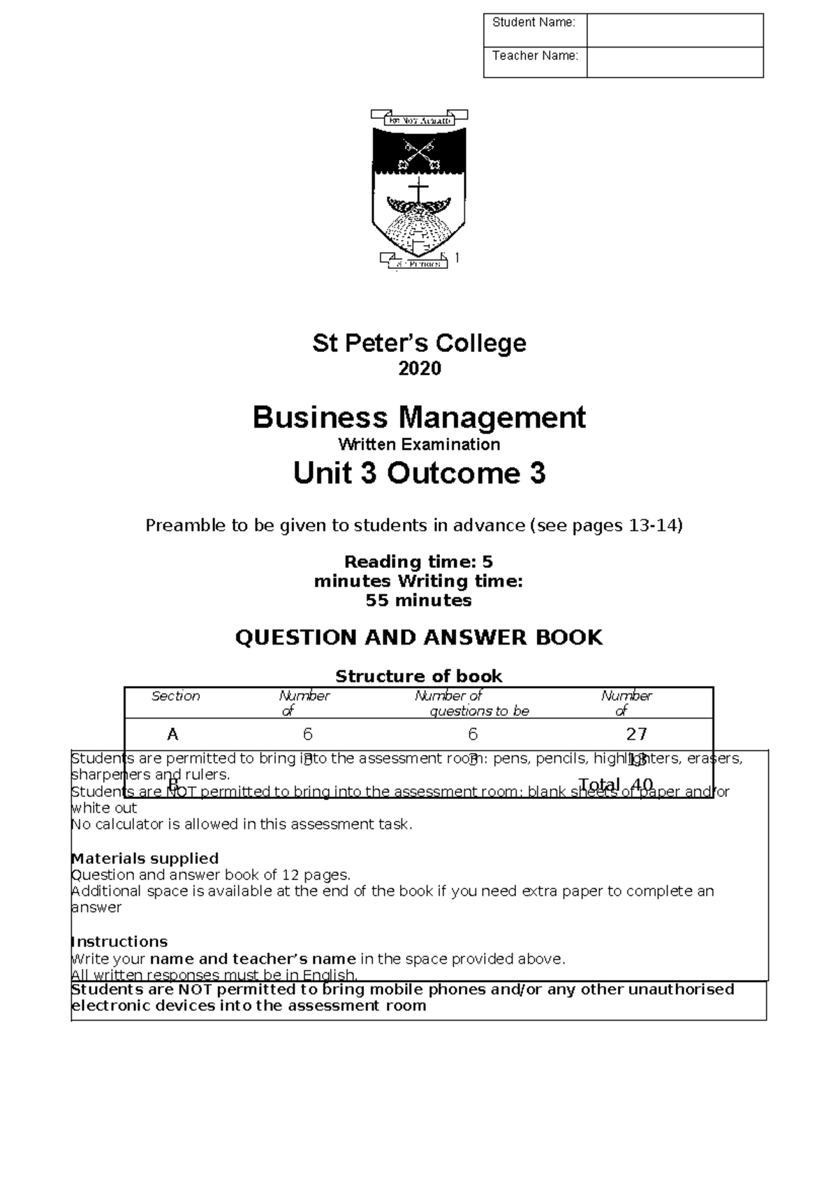 Bus Mgt Unit 3 AOS 3 PRAC SAC A - St Peter’s College 2020 Business ...