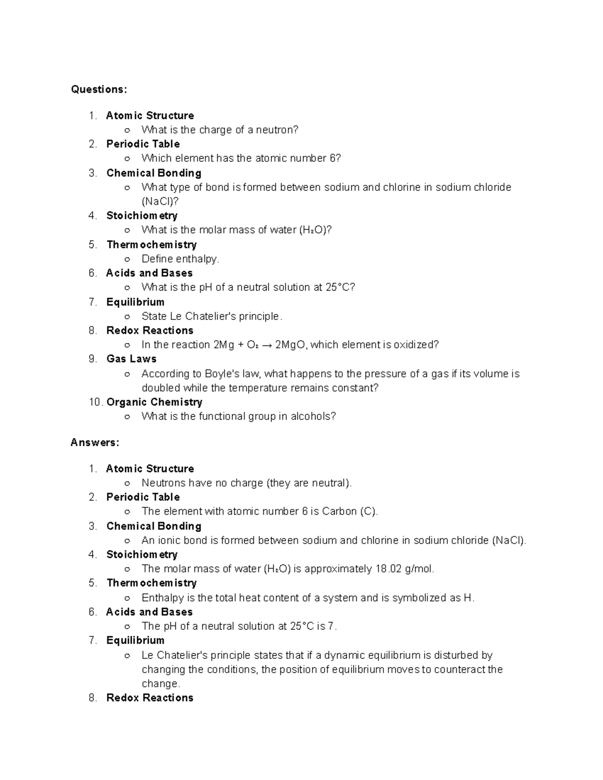Chem 123 Practice quiz - Questions: 1. Atomic Structure What is the ...
