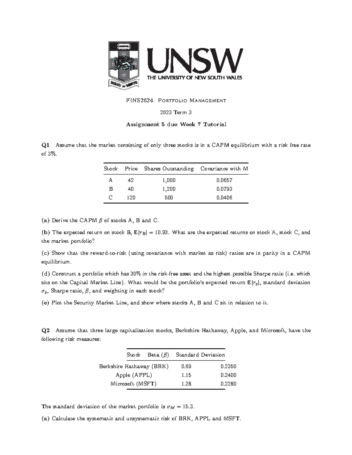 Assignment 5 Questions - FINS2624: Portfolio Management 2023 Term 3 ...