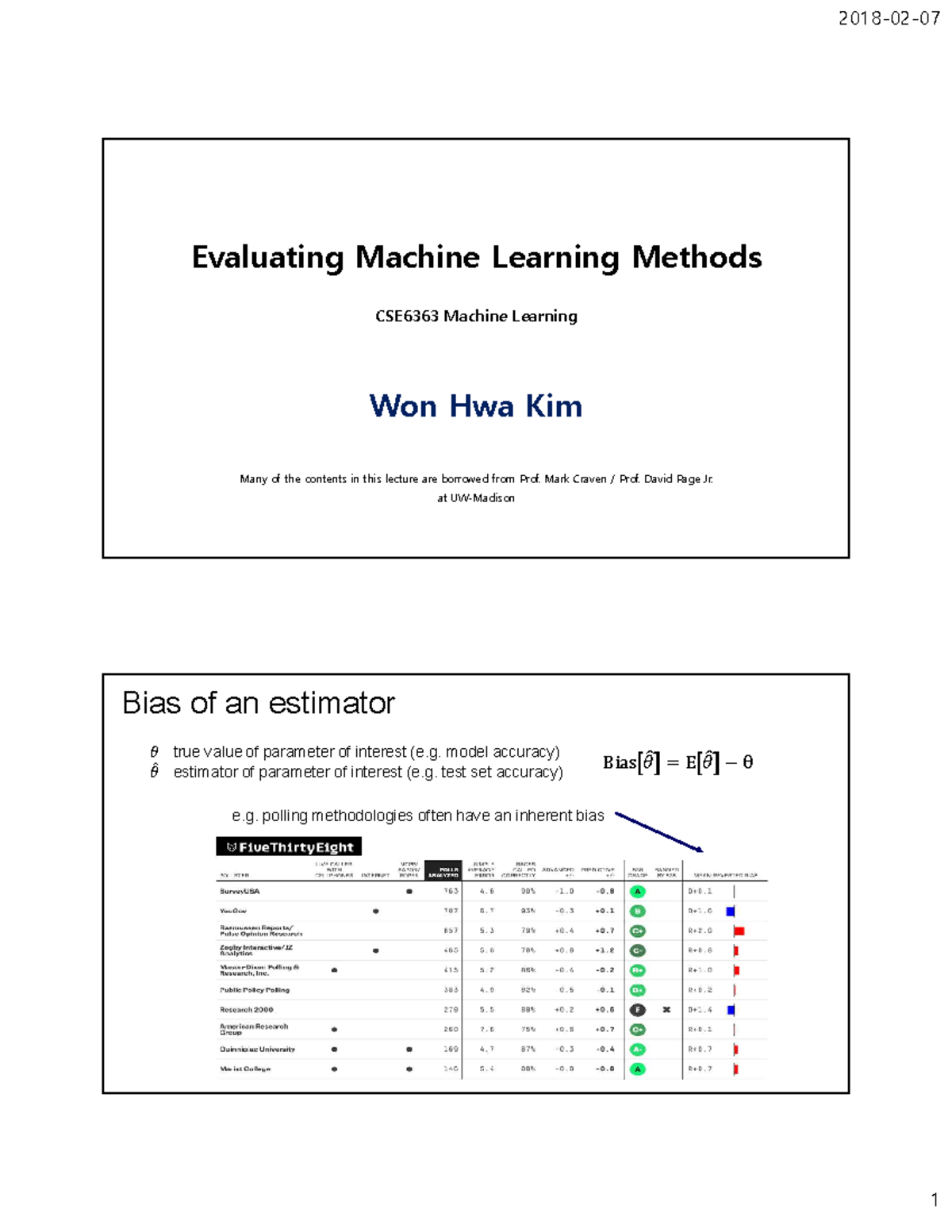 07 evaluation CSE-6363 - Evaluating Machine Learning Methods CSE6363 Machine Learning Won Hwa ...