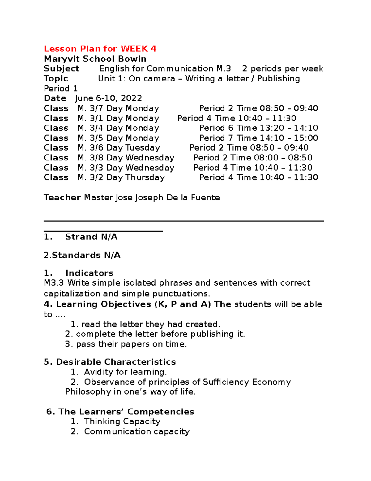 DAY 1 WK4 (M3) - LESSON PLAN ESL - Lesson Plan for WEEK 4 Maryvit School Bowin Subject ...