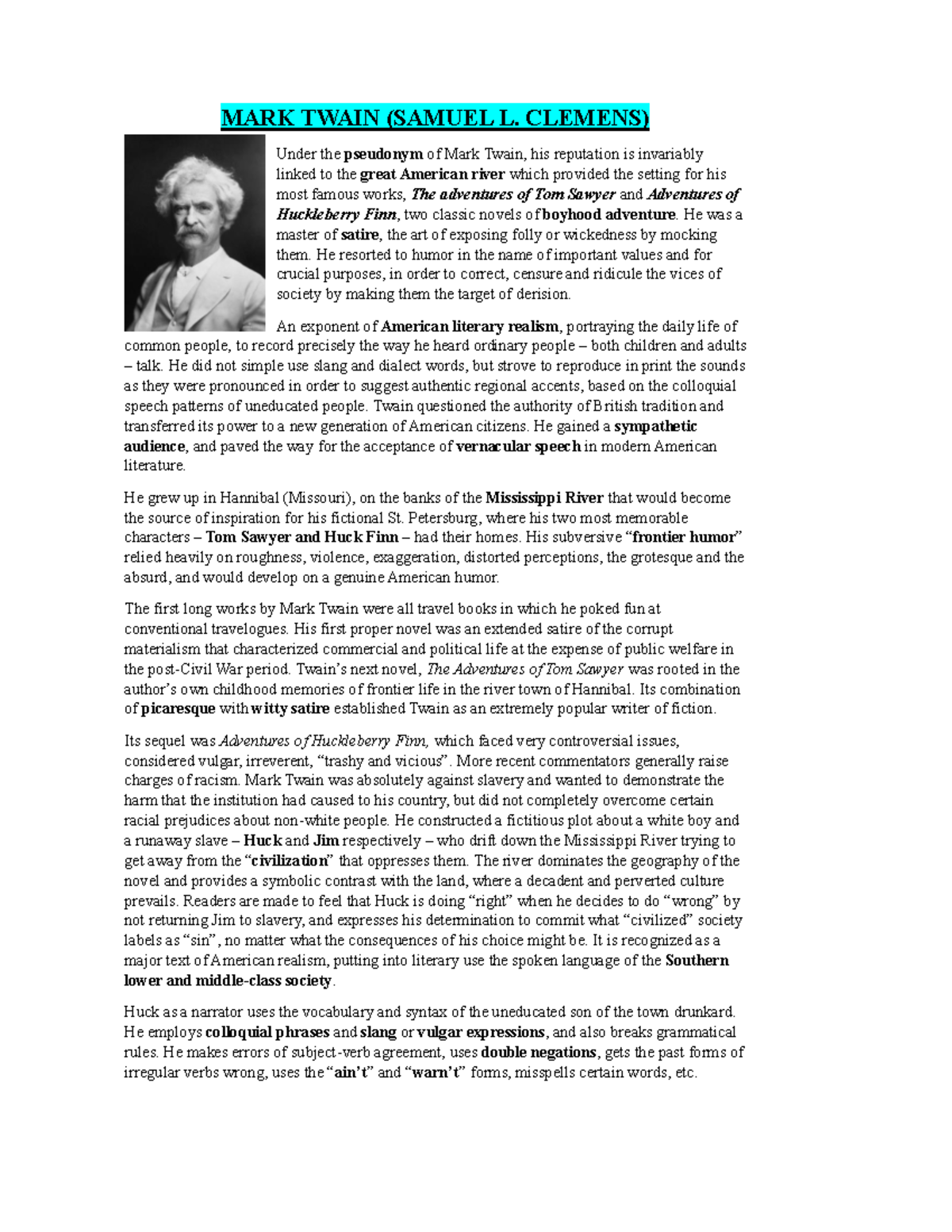 Mark Twain - American literature to 1900 - MARK TWAIN (SAMUEL L ...