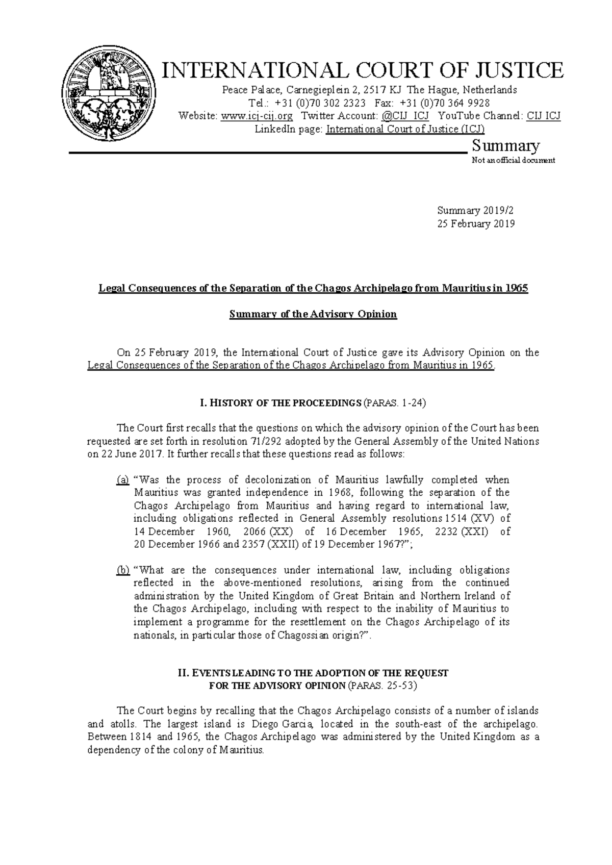 Summary of ICJ Opinion - notes - INTERNATIONAL COURT OF JUSTICE Peace ...