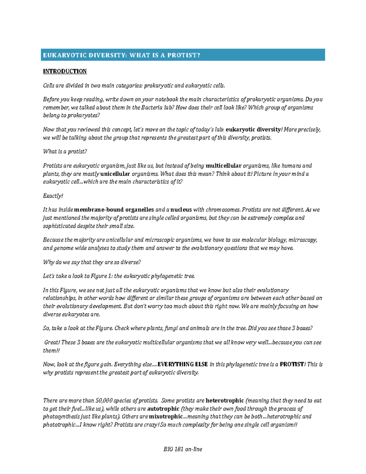 Protist lab - lab - EUKARYOTIC DIVERSITY: WHAT IS A PROTIST? INTRODUCTION Cells are divided in ...