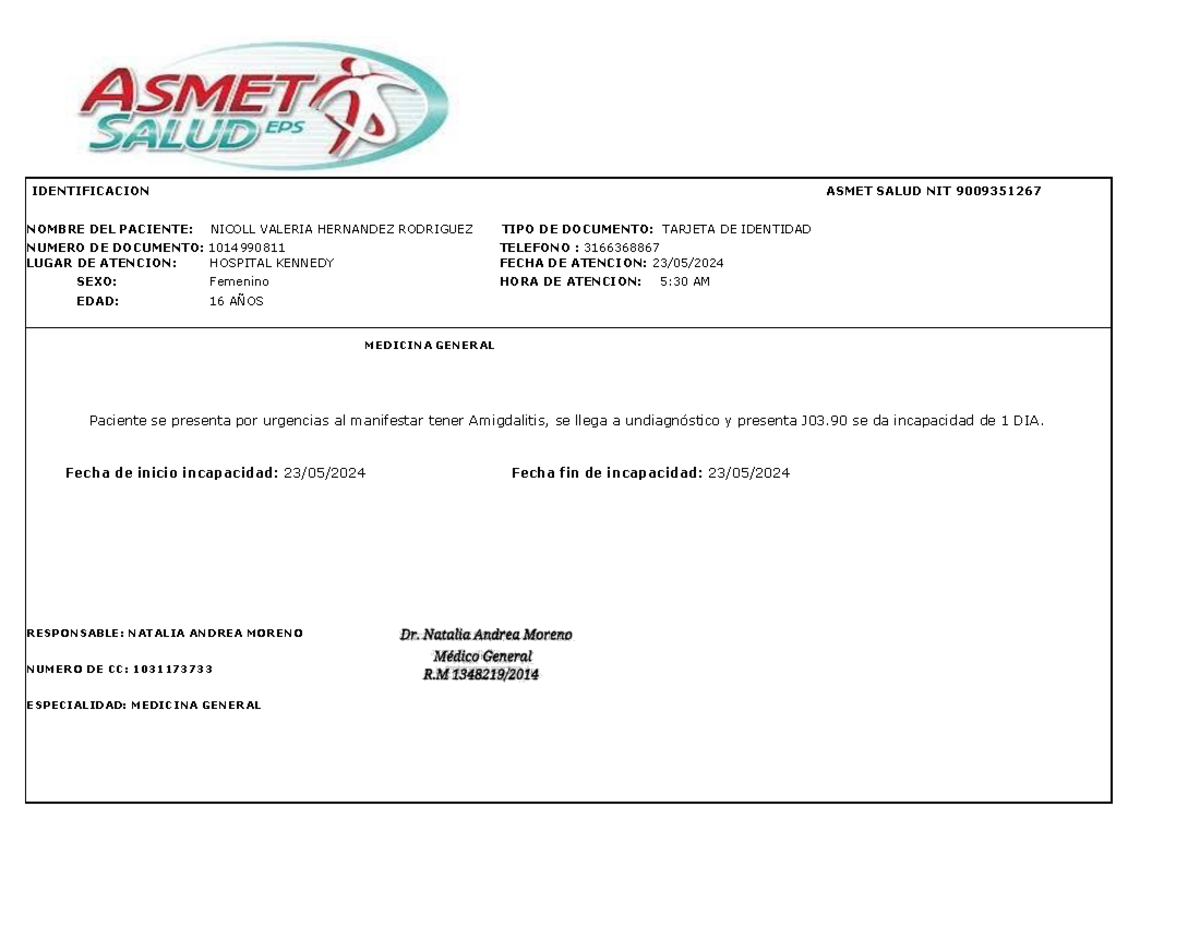Incapacidad ACT Asmetsalud Paciente 1014990811 - IDENTIFICACION ASMET ...