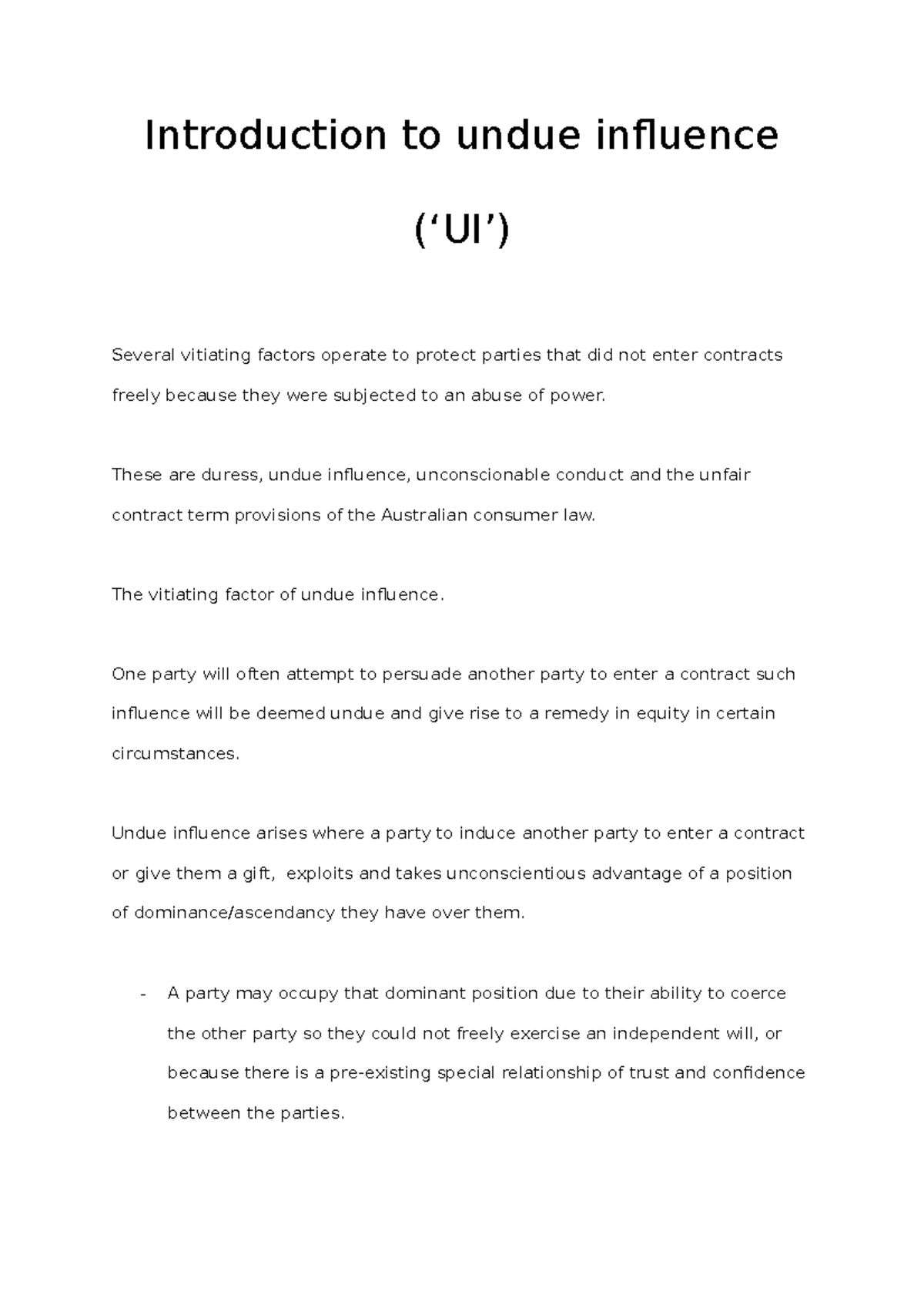 Introduction to undue influence - Introduction to undue influence (‘UI ...