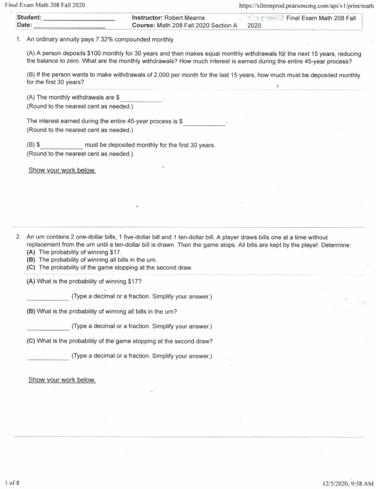 MATH208 - Final - 2020 Fall - Online - MATH 208 - Studocu