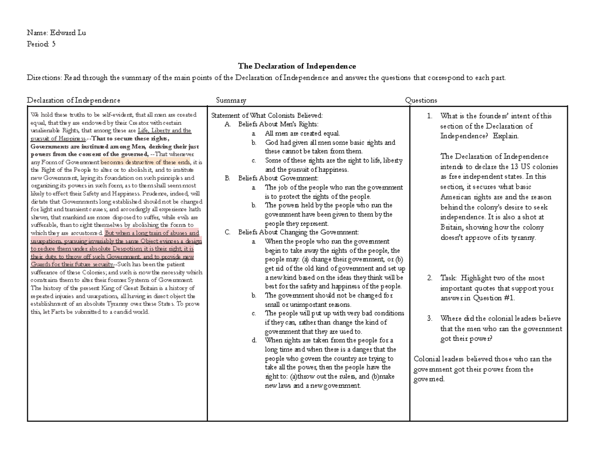 07- Declaration of Independence Close Reading Revised June 2019 - Name ...