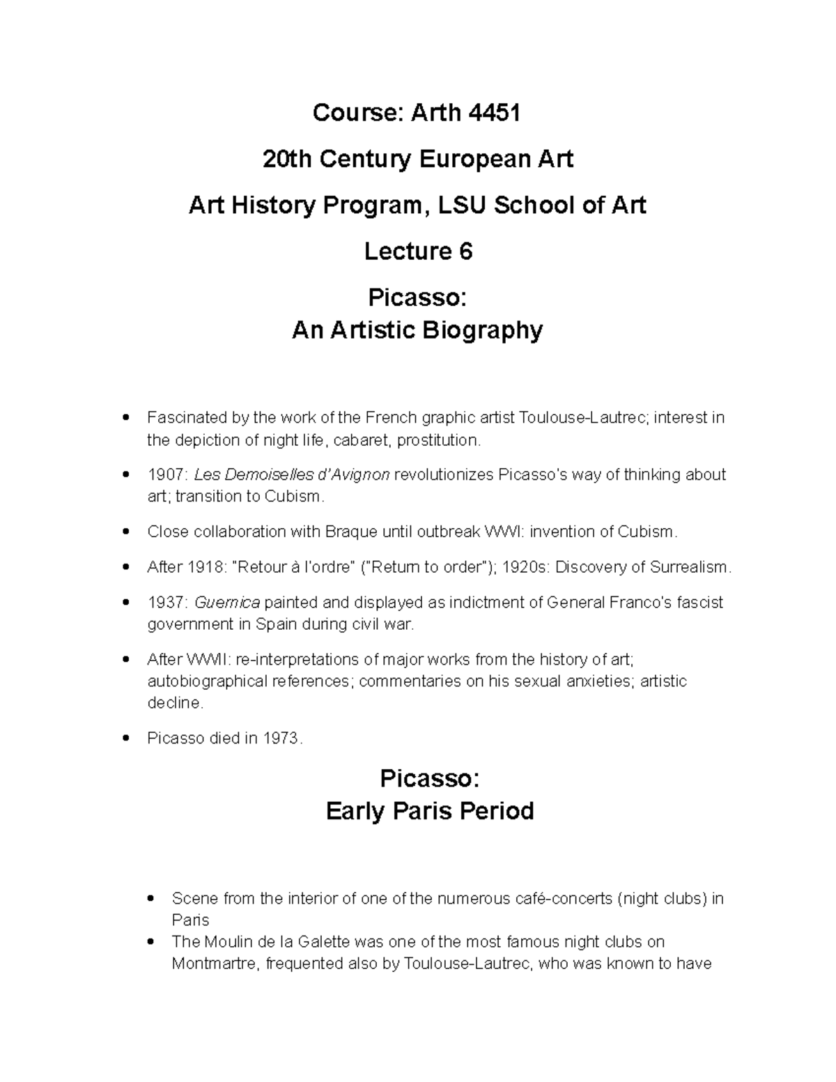 Picasso - Course: Arth 4451 20th Century European Art Art History ...