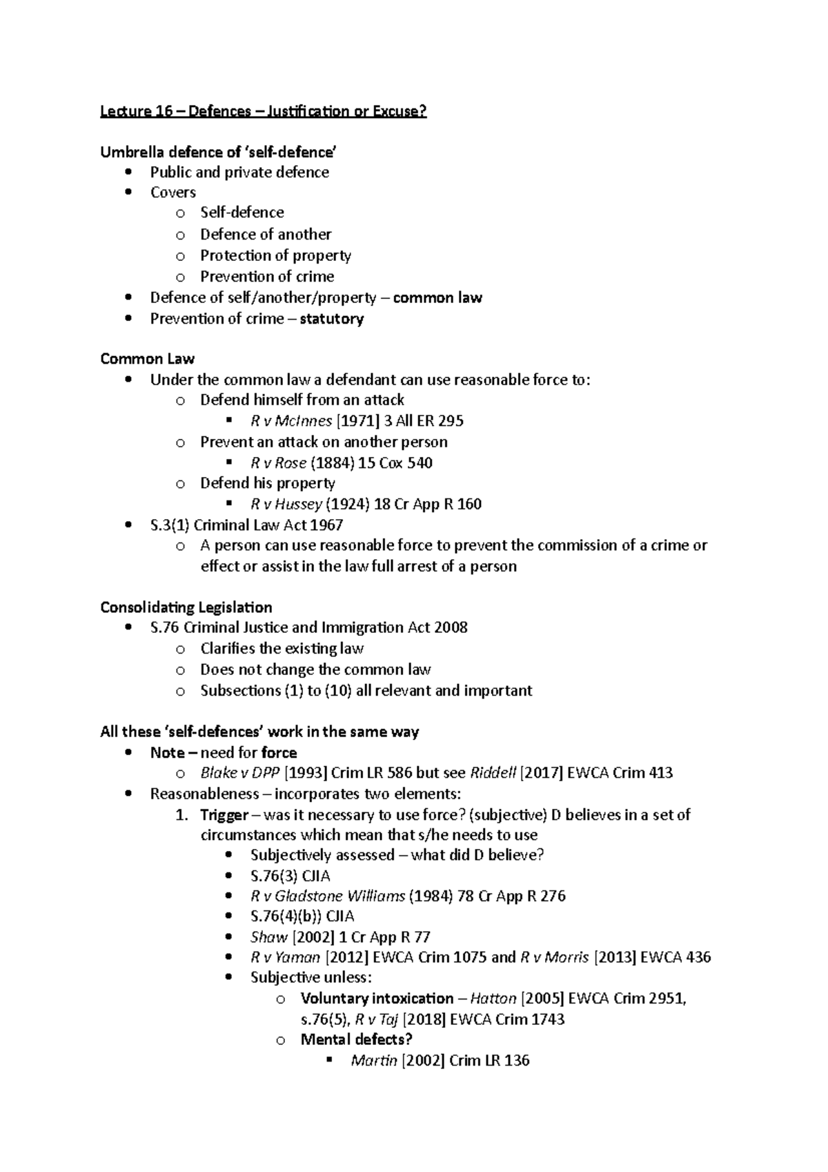 Lecture 16 - Lecture 16 – Defences – Justification or Excuse? Umbrella ...
