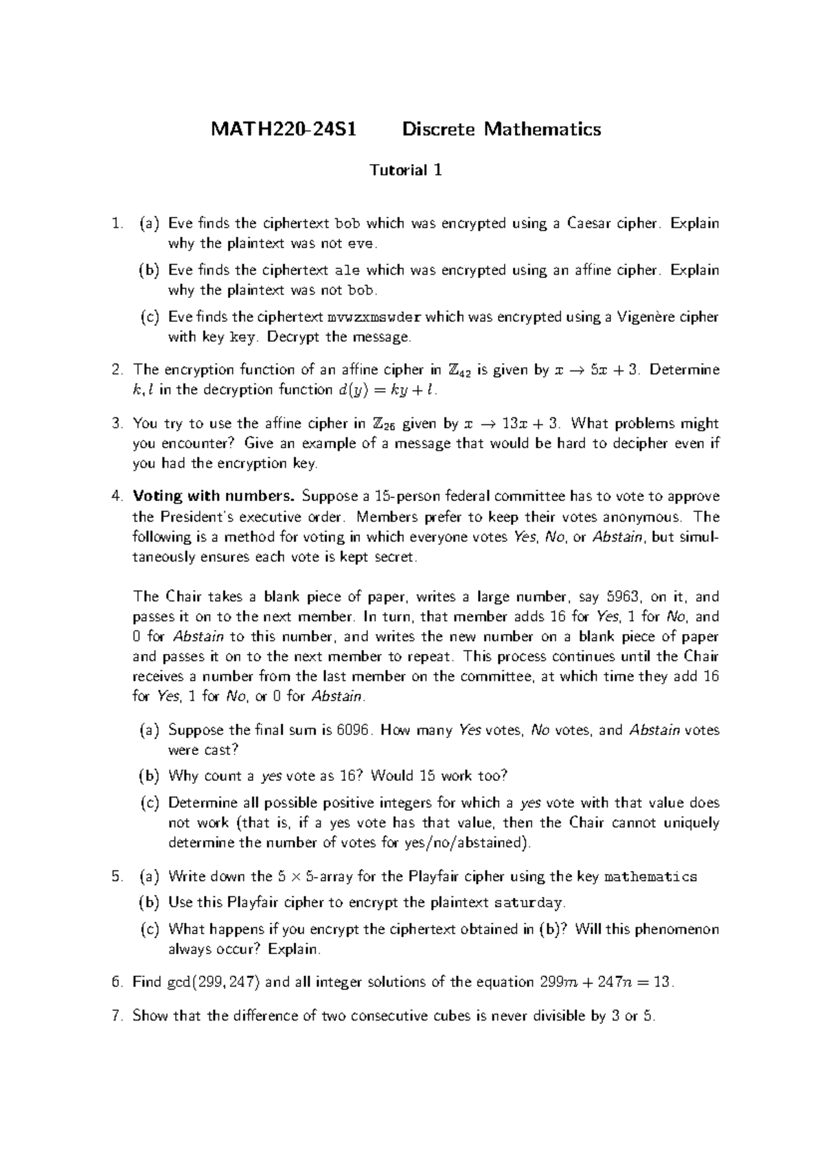 2024Tutorial 1 - MATH220-24S1 Discrete Mathematics Tutorial 1 (a) Eve finds the ciphertext bob ...