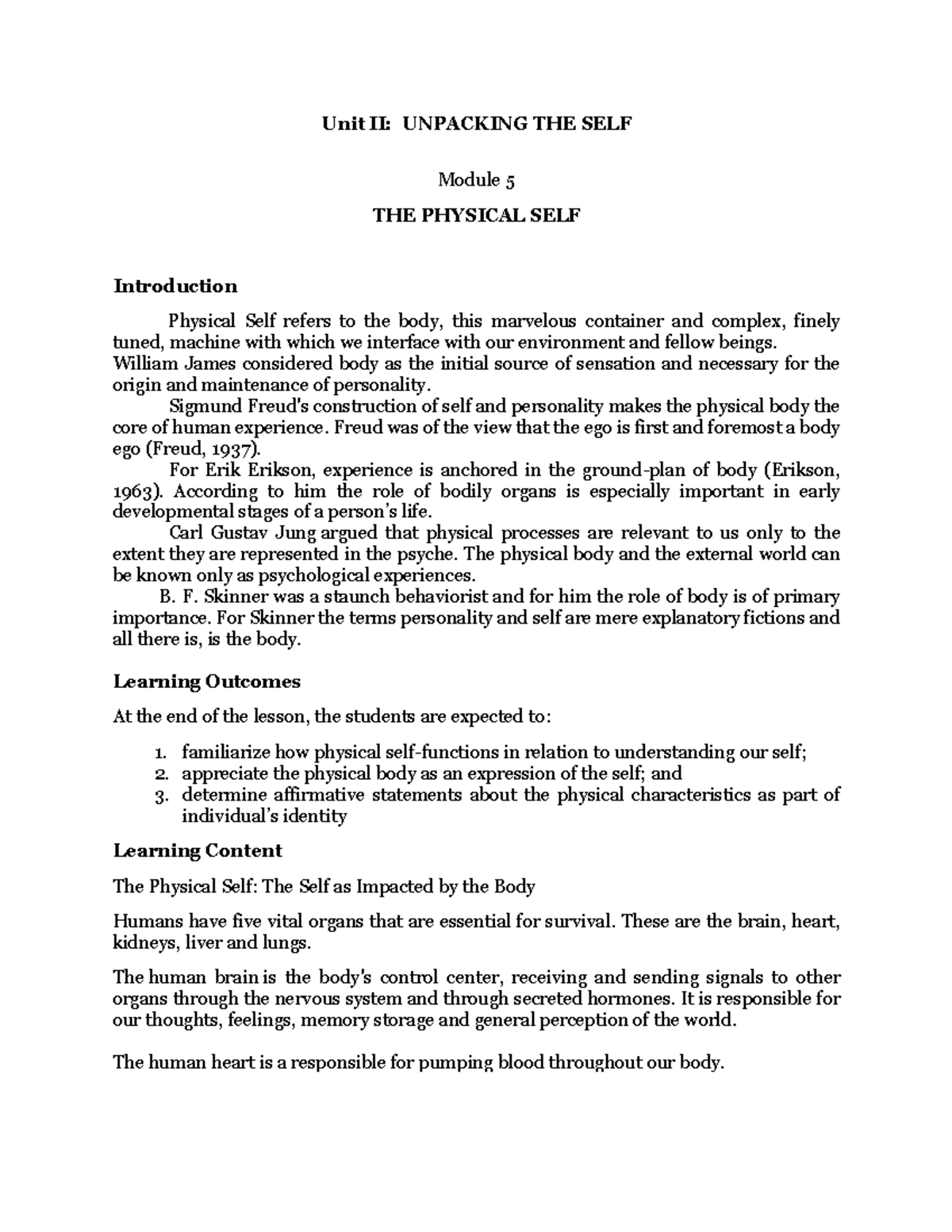 THE- Physical-SELF - yes - Unit II: UNPACKING THE SELF Module 5 THE ...